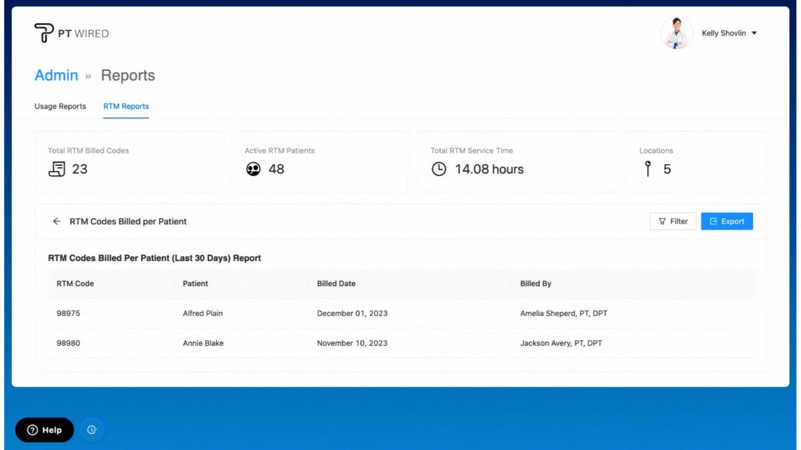 RTM Codes Billed per Patient – PT Wired