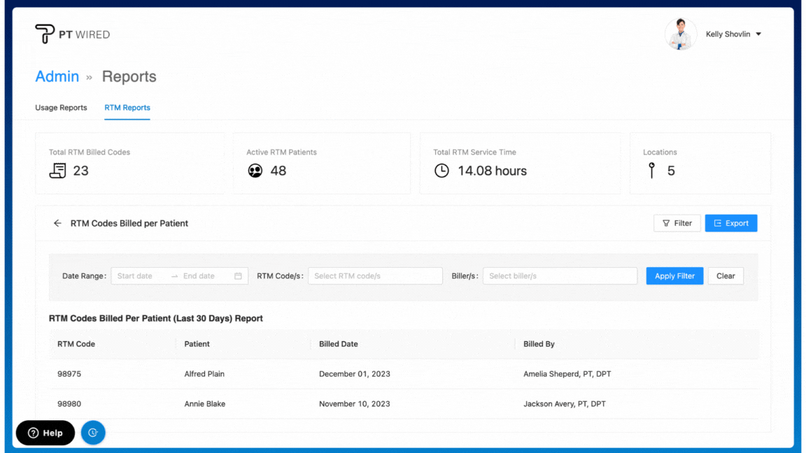 RTM Codes Billed per Patient – PT Wired