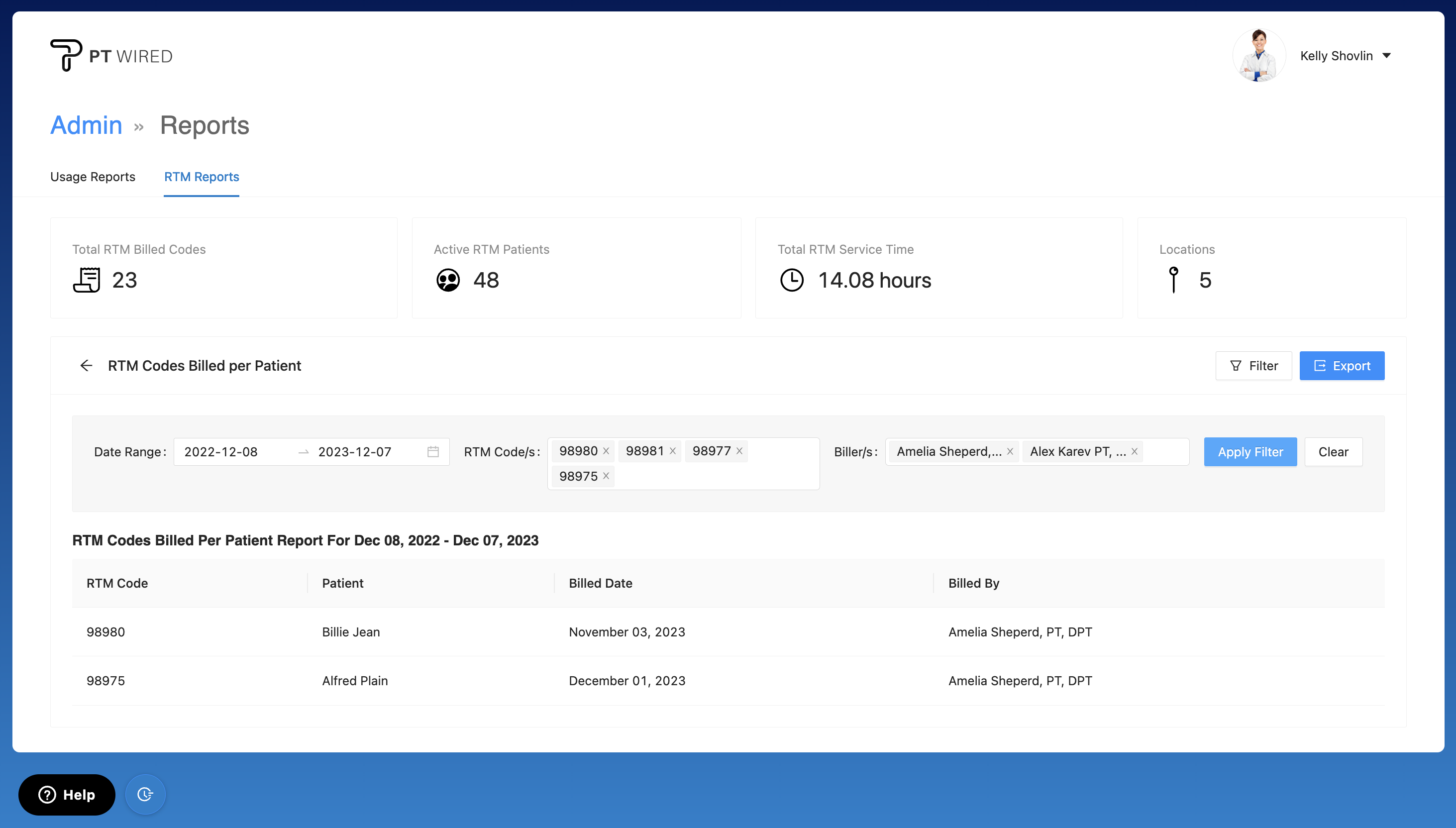 RTM Codes Billed per Patient – PT Wired