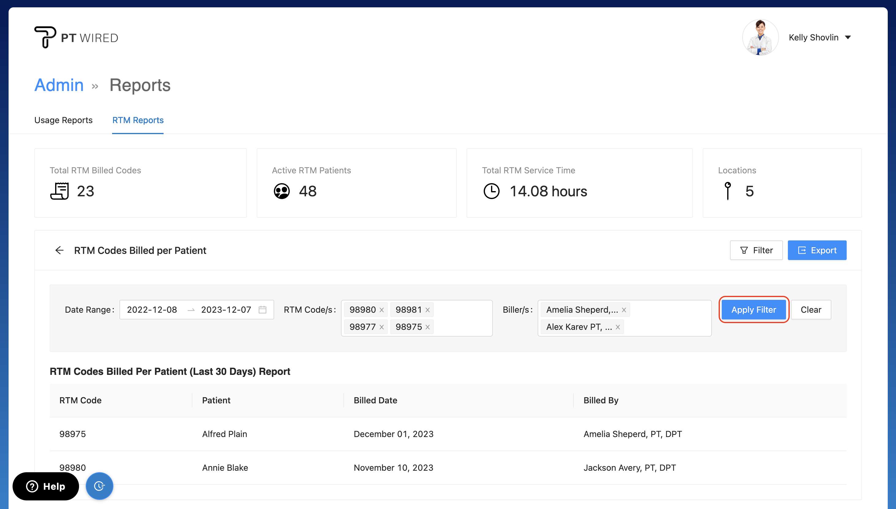RTM Codes Billed per Patient – PT Wired