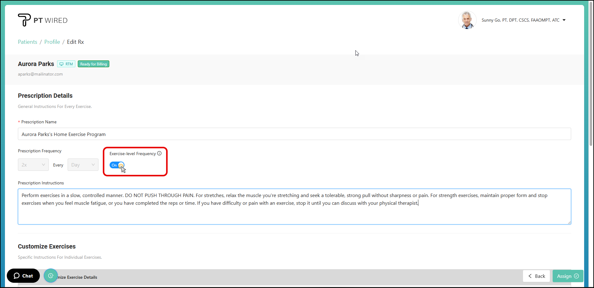 Exercise Level Frequency – PT Wired